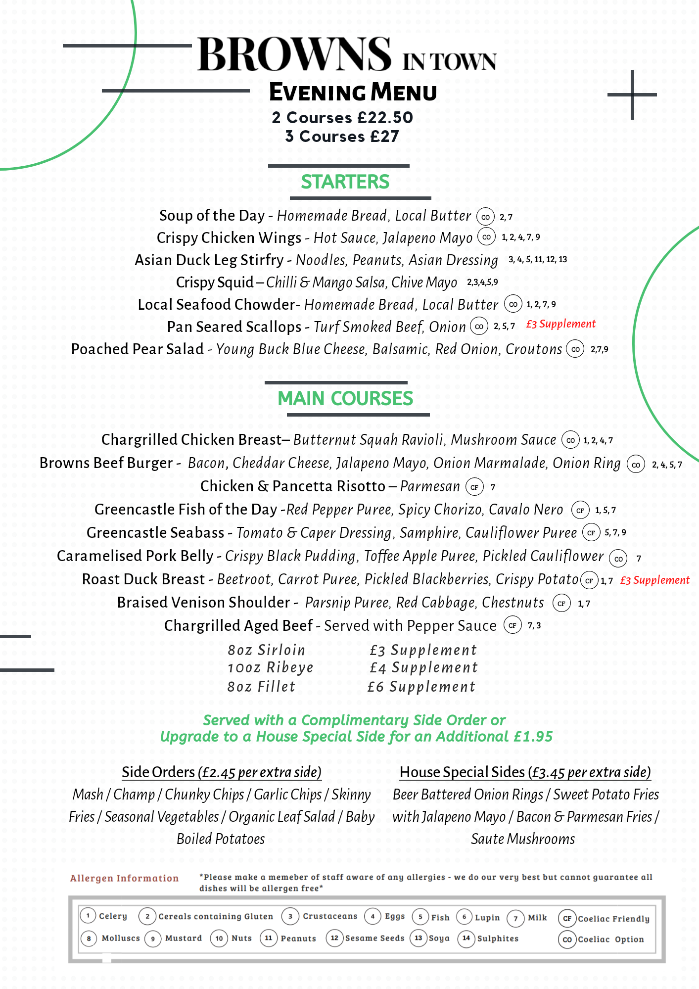 Browns in Town Evening Menu